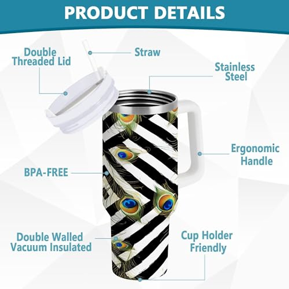 RPLIFE Vibrant Peacock Feathers Black White Striped Coffee Tumbler, Stainless Water Bottle, Cup with Lid