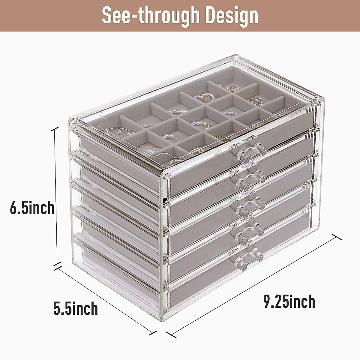 Fixwal Earring Organizer with 5 Drawers, Acrylic Jewelry Organizer, Jewelry Box, Velvet Earring Holder Organizer for Earrings, Ring, Bracelet, Necklace (Gray)