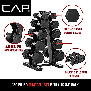 WF Athletic Supply 5-25Lb Rubber Coated Hex Dumbbell Set with A Frame Storage Rack Non-Slip Hex Shape for Muscle Toning, Strength Building & Weight Loss, Charcoal Rack