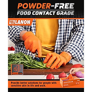 LANON 8mil Orange Disposable Nitrile Gloves, Mechanic, Heavy Duty, Food Safe, Latex Free, Powder Free, Fully-Diamond Textured, Large