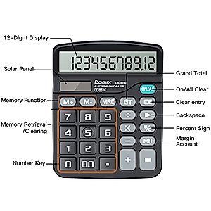 Comix Desktop Calculator 12 Digit with Large LCD Display and Big Button, 12 Digits Baisc Calculator, Solar Battery Dual Powered, for Office Home School C-1832 (Black)