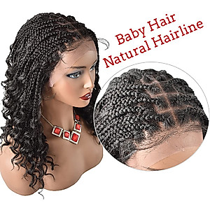 Curve Hair Curly Braided Swiss Lace Front Wigs for Women with Baby Hair Hand Made Crochet Hair Curly Ends Box Braided Wig Heat Friendly Kanekalon Synthetic 18Inches (LL602483C, 1B Black)