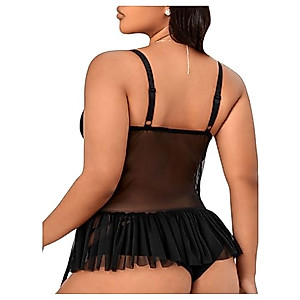 Milumia Women's Plus Size 4 Piece Floral Lace Ruffle Hem Underwire Babydoll Lingerie Sets Black 4X-Large Plus