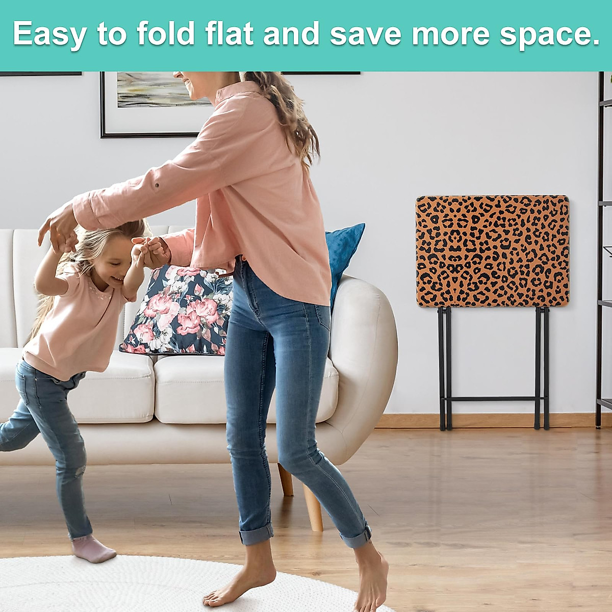 fusehome Folding TV Tray Table, TV Tray for Eating on Couch, Small Folding Table, Portable Tray Table Couch Desk, Foldable Snack Table, with Leopard Print, for Bed & Sofa, Living Room, Bedroom