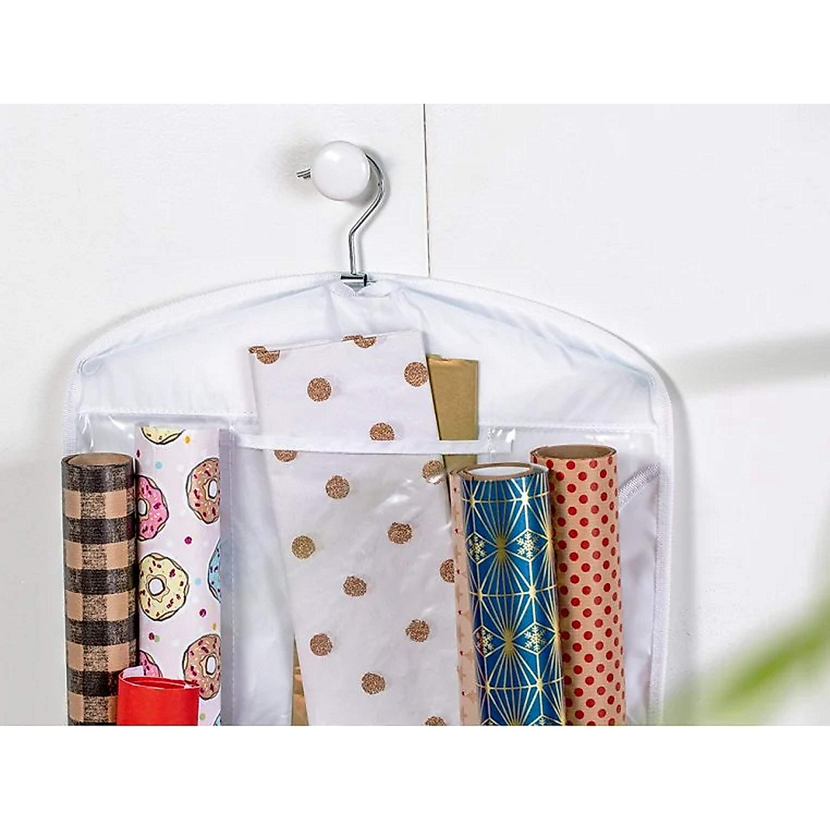 Gift Wrap Organizer - Storage for Wrapping Paper (All Sized Rolls), Gift Bags, Bows, Ribbon and More - Organize Your Closet with this Hanging Bag & Box to Have Organization, Clear Pockets & Hook Hangs