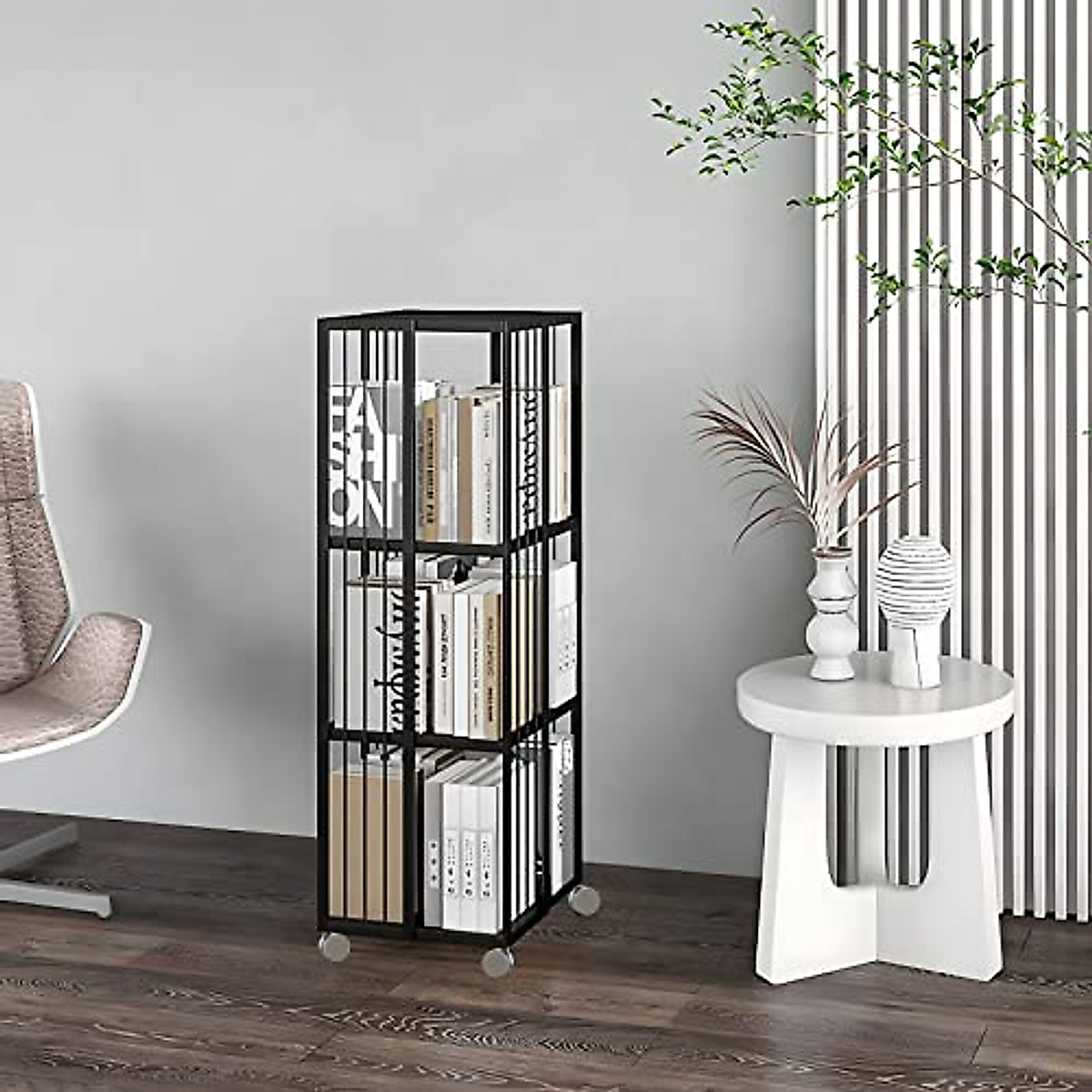 Huhote Rotating Bookcase Black 3 Tiers Metal Bookshelf, 360°Cubic Large Capacity for Small Space with Storage and Creative Multi-Layer Shelves,Magazine&Books for Bedroom Living Room Study and Office