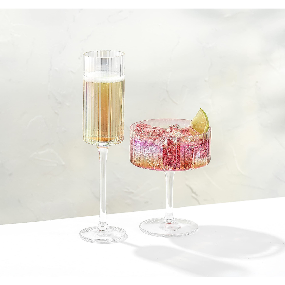 Fluted Iridescent Champagne Flutes – Christian Siriano Chroma 6oz Champagne Glasses Set Of 2. Unique Champagne Flute, Mimosa Glasses, Cocktail Glasses or Wedding Champagne Flutes.