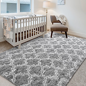 Hutha 6x9 Shag Large Area Rugs for Living Room, Light Grey Modern Super Soft Bedroom Carpet, Moroccan Luxury Geometric Plush Fluffy Rug for Kids Nursery Girls Room Indoor Home Decor
