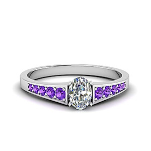 mom Gift Thin Rings Engagement Rings Jewelry Graduated Cz Diamond Ring Sterling Silver Natural Amethyst Oval Shape Purple Color Side Stone Prong Setting in Size 6