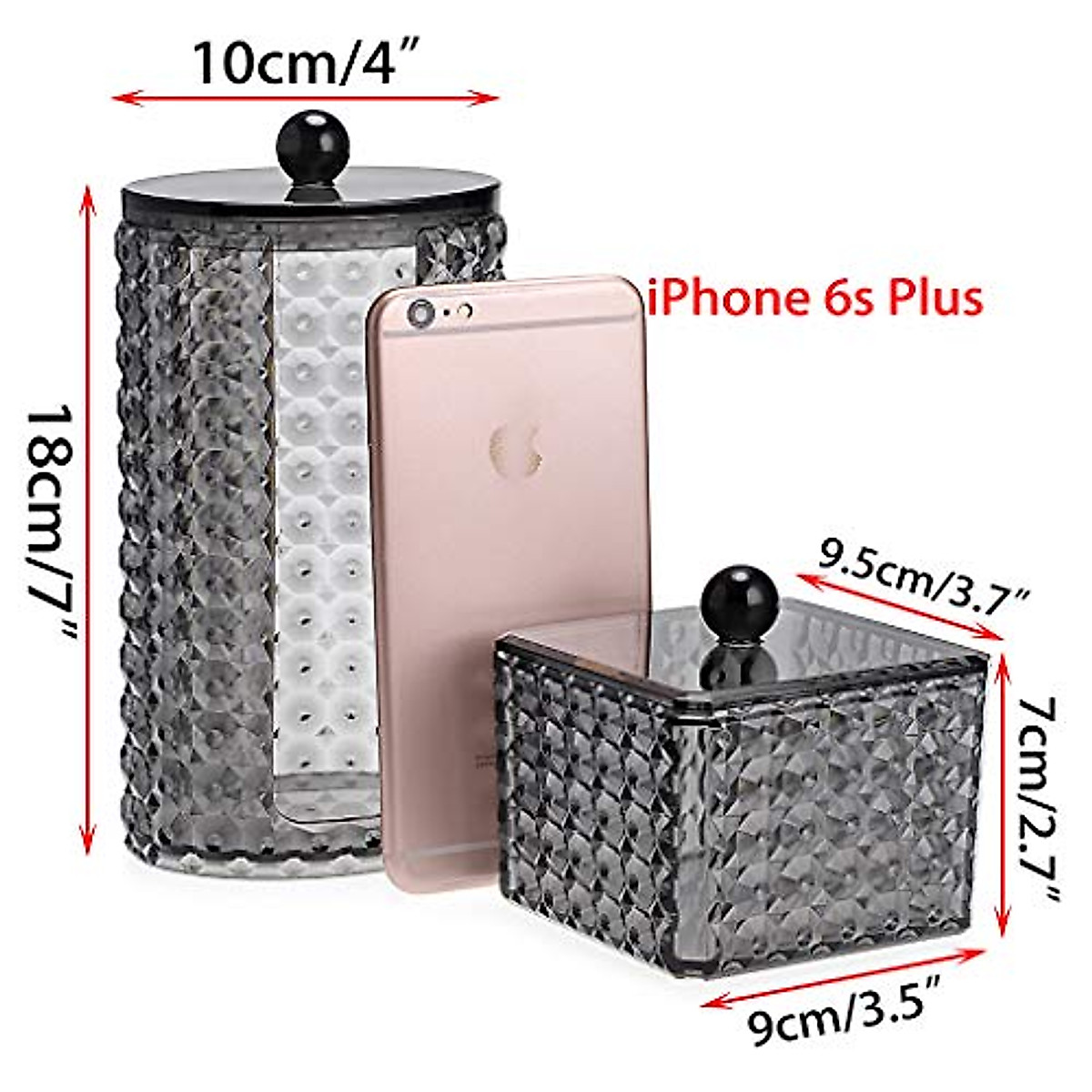 Hipiwe 2 Packs Q-Tips Cotton Round Holder - Acrylic Cotton Swab Canister Jar Cotton Balls Dispenser with Lid, Bathroom Vanity Countertop Storage Organizer for Makeup Sponges,Black