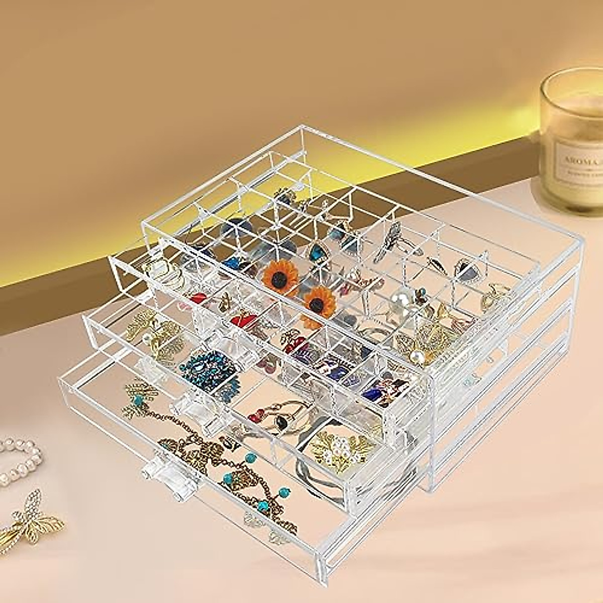 Ptaedex Jewelry Organizer Box, Acrylic Jewelry Holder Clear Jewelry Storage with 3 Drawers for Women Girls Men