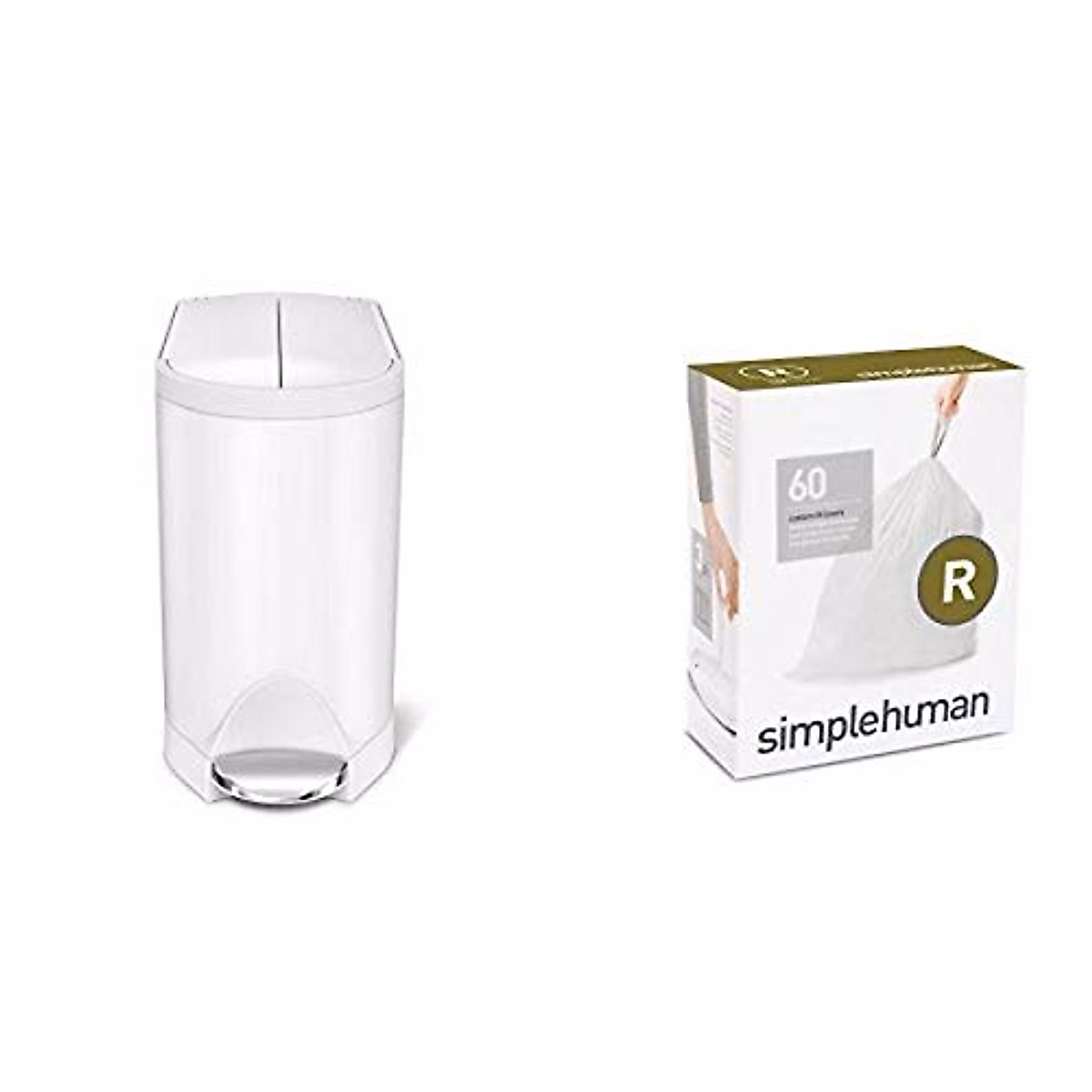 simplehuman 10 litre butterfly step can white steel + code R 60 pack liners