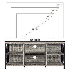 LVB Rustic Entertainment Center for 65 Inch TV, Industrial Wood TV Stand with Media Cabinet Storage, Farmhouse Metal Television Stands Console Table for Home Living Bedroom, Light Grey Oak, 55 Inch