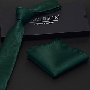 GUSLESON Solid Dark Green Emerald Skinny Tie For Men Classic Slim Necktie and Pocket Square Set (0754-08)