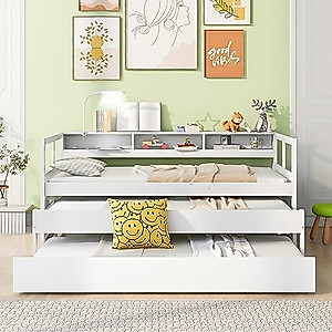 Epinki Twin XL Wood Daybed with 2 Trundles, 3 Storage Cubbies, 1 Light for Free and USB Charging Design, White, Kids Bed