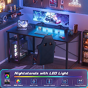 Besiost Gaming Desk with Lights, Reversible Computer Desk with Power Strips, 39.4 Inch Gaming Desk with Moveable Monitor Stand and Shelves, Small Desk for Small Spaces, PC Gaming Desk for Home, Black