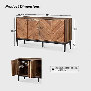 HULALA HOME 55" Sideboard Buffet Cabinet, Kitchen Storage Cabinet with 4 Doors & 2 Removable Shelves, Cupboard Console Table Accent Cabinet for Dining Room, Hallway, Walnut