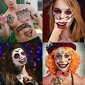 Joker Tattoos Suicide Squad Stickers, 4 Sheets Halloween Temporary Tattoos Hand Face Makeup Kit, Death Skull Smile Face