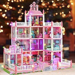 LUYE 4 Stories Dollhouse for Girls 2 3 4 5 6 7 8 Year Old - Huge Doll House w/ 4 Dolls Figure with Furniture, Accessories, LED Light, Princess Dream House Toys Gift for Toddler Kids 3+, Pink