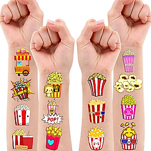 100 PCS Popcorn Corn Movie Night Themed Temporary Tattoos Birthday Party Decorations Favors Supplies Cute Circus Fake Tattoo Stickers Party Gifts for Children Girls Boys Home Activity School Rewards
