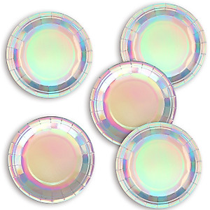 Pandecor 50 Pieces 7 Inches Disposable Paper Plates,Cakes Dessert Salad Pizza Holographic Rainbow Silver Round Plates Birthday Party Decorations Wedding Anniversary Christmas (Holographic)