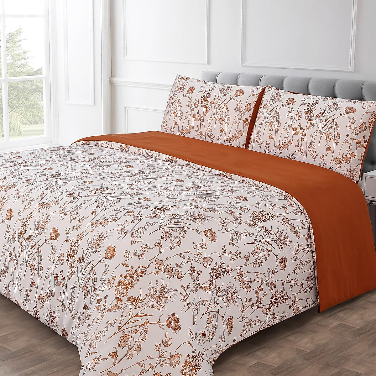 YINFUNG Flower Duvet Cover Fall Floral Embroidered Burnt Orange Terracotta Rust White Queen Spring Wildflower Botanical Jacquard Textured 3 Pieces Autumn Bedding Set Country