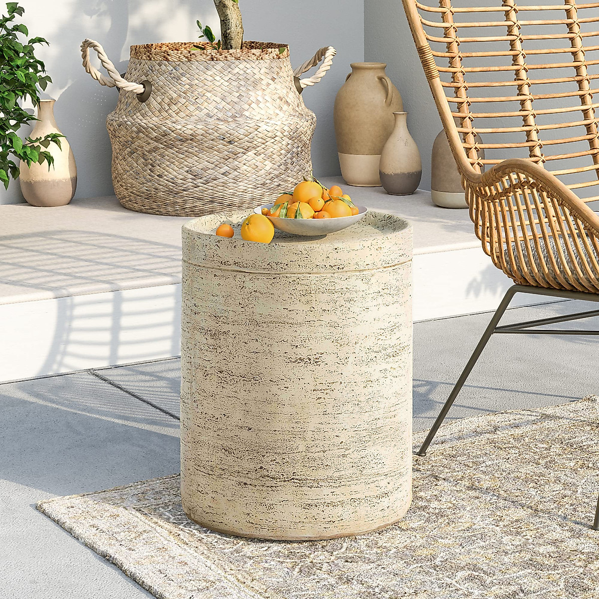 SUNBURY Concrete Side Table Set of 2, Outdoor Side Table for Patio, 14" Outdoor Accent Table Patio Round Side Table End Table, Ceramic Side Table Garden Stool Log Table