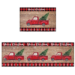 LooPoP Kitchen Rugs and Mats Sets of 2 Merry Christmas Non-Slip Rubber Backing Area Rugs Washable Runner Carpets for Floor, Kitchen Rustic Red Truck with Xmas Tree Snowflakes 15.7x23.6+15.7x47.2inch