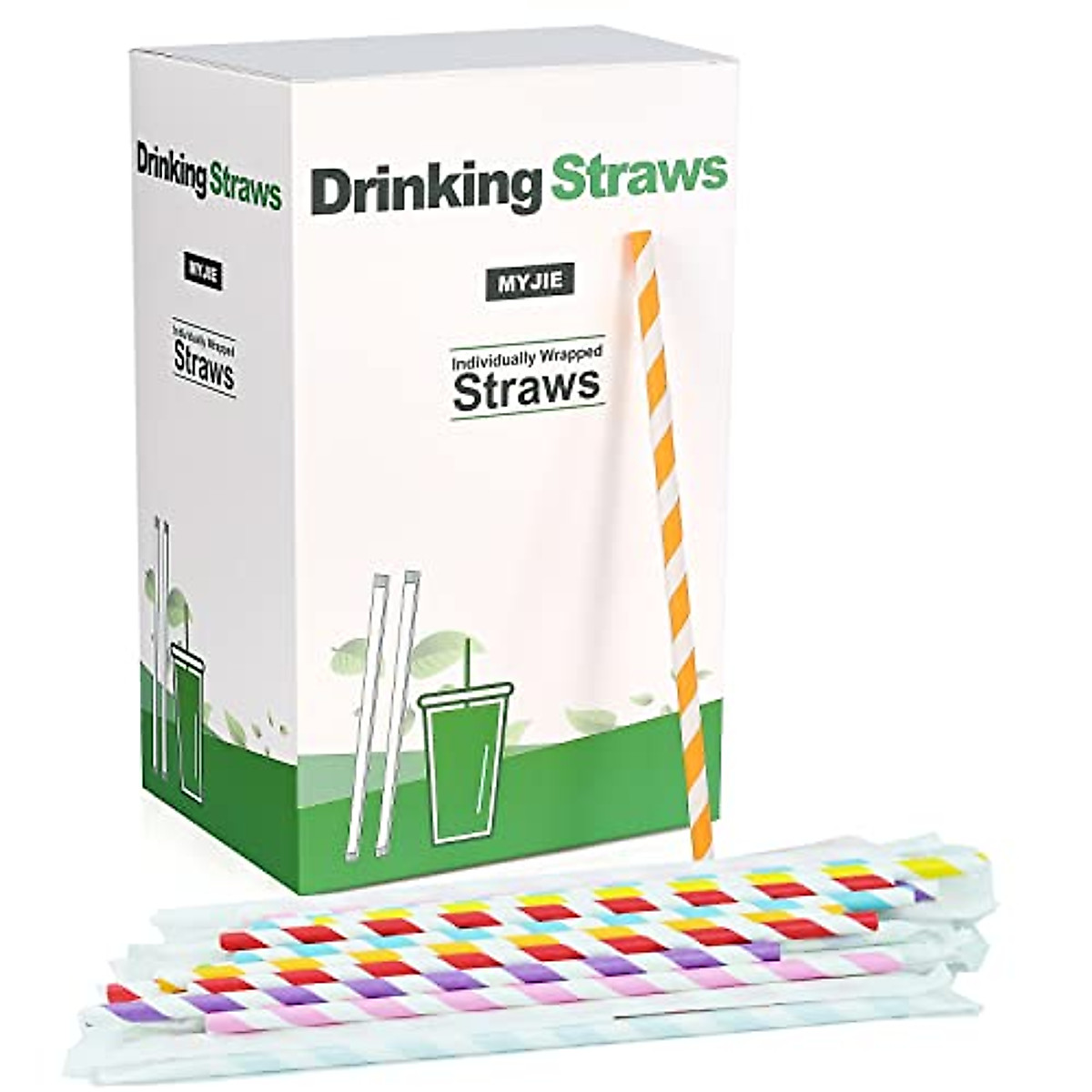 [300 Pcs] Biodegradable Individually Wrapped Paper Straws - Disposable Colorful Eco-Friendly Paper Drinking Straws(7.75"longX0.25"diameter)