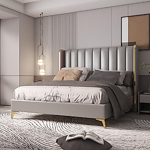 King Size Bed Frame, Upholstered Platform Bed with Tall Channel Tufted Headboard, Classic Modern Grey Mattress Foundation with Thickening Pine Wooden Slats and Metal Leg, No Box Spring Needed