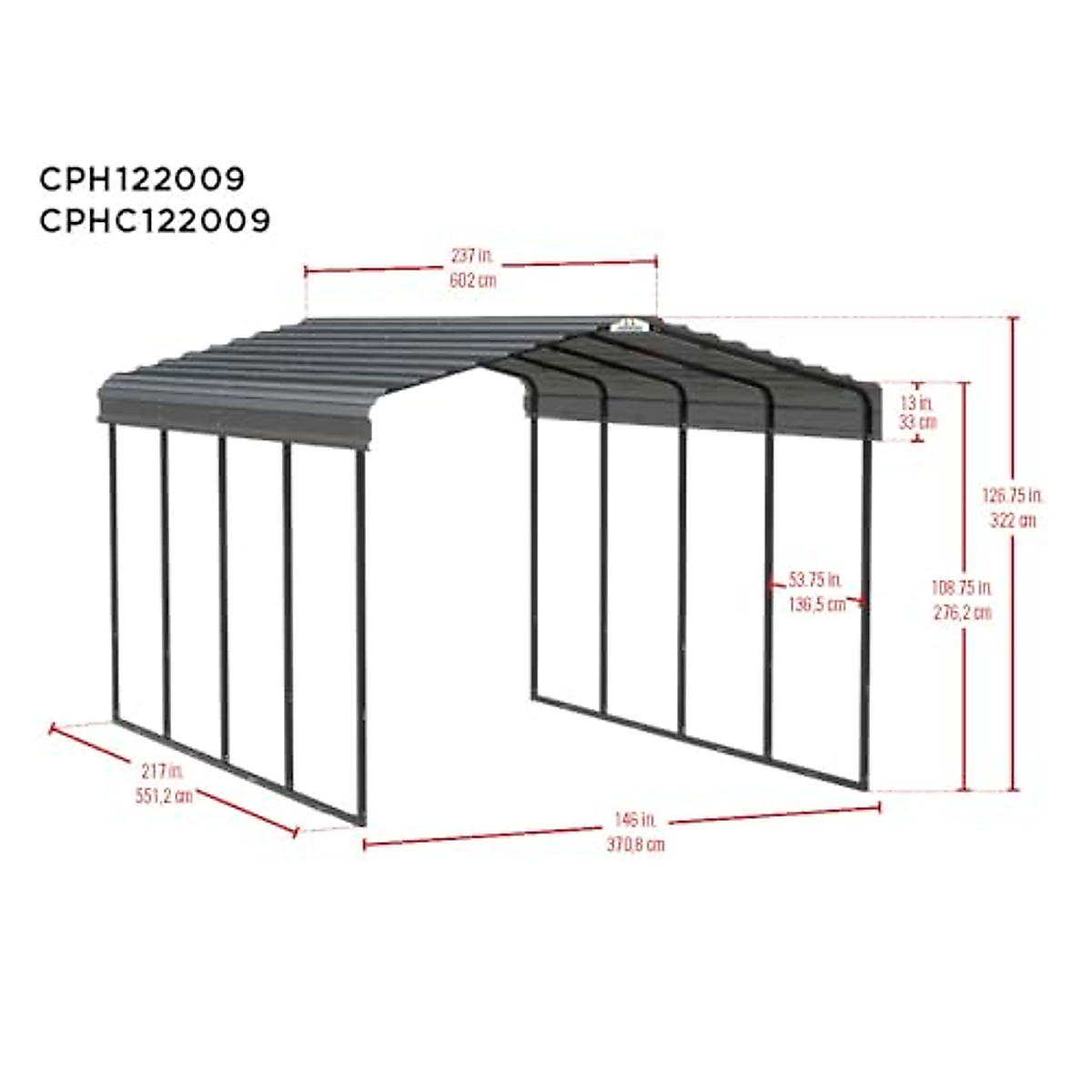 Arrow Carports Galvanized Steel Carport, Full-Size Metal Carport Kit, 12' x 20' x 9', Charcoal