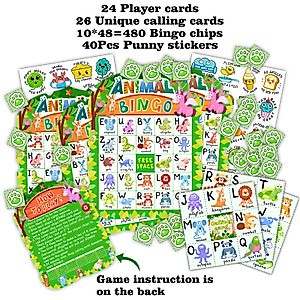Animal Bingo Game for Kids Toddler Adults Family, Animal Bingo Cards Letter Recognition Jungle Safari Party Game with 24 Players & 40Pcs Punny Stickers for Party Favors Kindergarten Activity Supplies