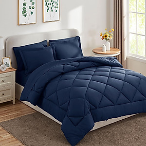 CozyLux Queen Comforter Set Navy Blue - Bed in a Bag Queen Size 7 Pieces, Luxury Soft Bed Set for All Seasons, Bedding Set with Down Alternative Comforter, Sheets, Pillowcases & Shams