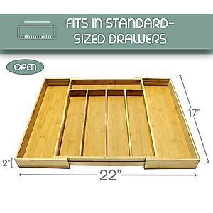 DE'VELO Adjustable Bamboo Kitchen Drawer Organizer - Silverware Organizer and Cutlery Tray with Grooved Drawer Dividers for Flatware and Kitchen Utensils (5-7 Slot)