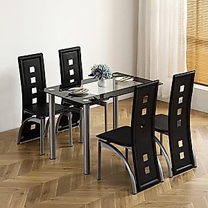 Karl home 5-Piece Dining Table Set with 1 Glass Dining Table and 4 PVC Chairs, Modern Dining Table Set for Kitchen & Breakfast Dining Living Room, Space Saving