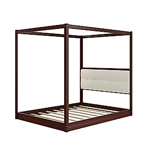 HAUSHECK Queen Size Canopy Bed with Upholstered Headboard, Four-Poster Queen Canopy Platform Bed Frame, Wood Floor Bed Frame with Sturdy Wooden Slatted Structure, No Box Spring Needed, Easy Assembly