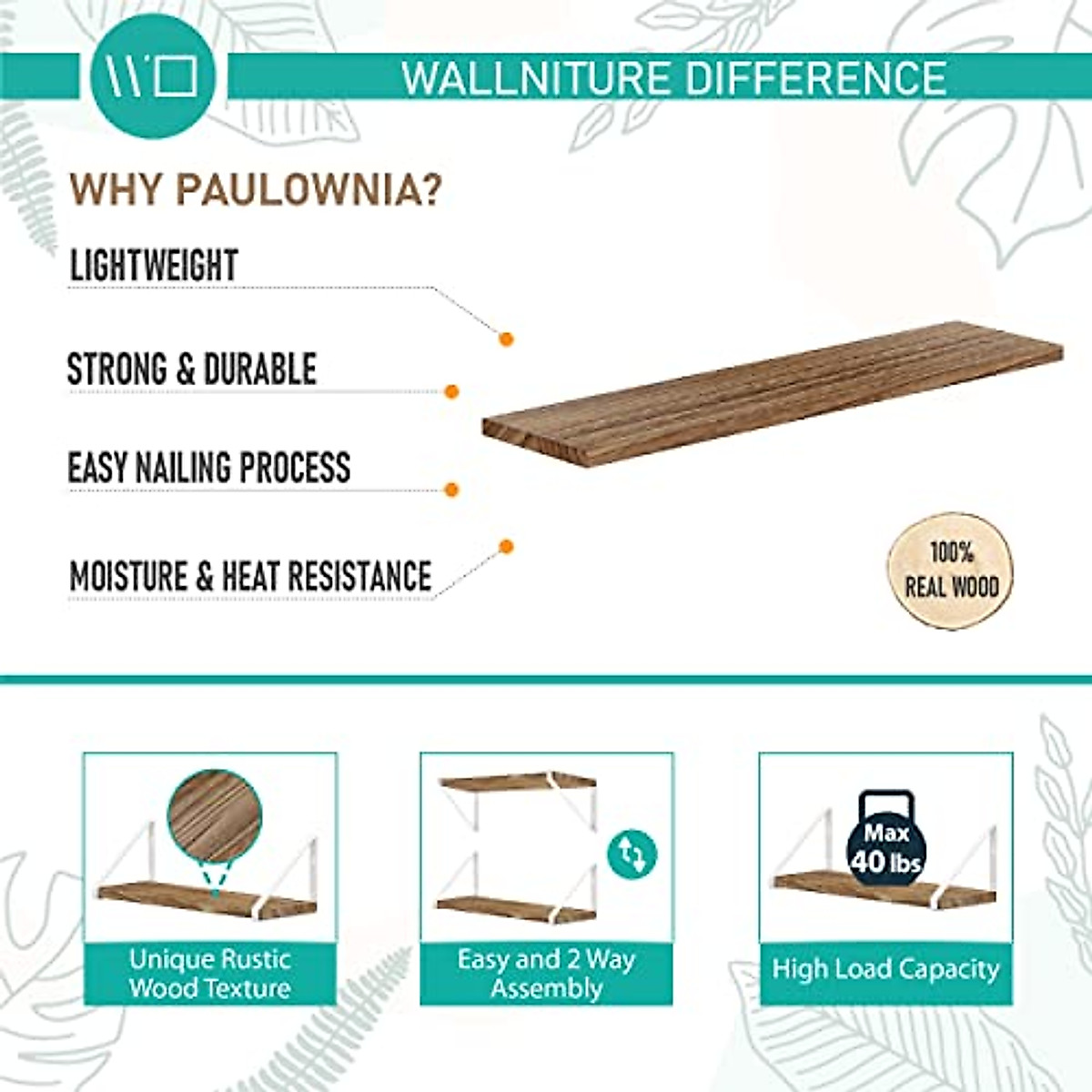 Wallniture Ponza Wood Floating Shelves for Wall Storage Shelves for Living Room Decor, Wall Bookshelves Set of 4 White Shelf Brackets, Burnt Finish