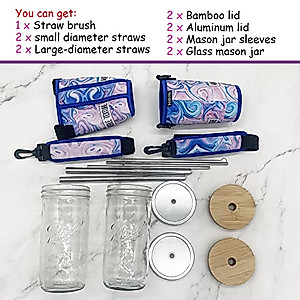 Bexbchh 2 Pack Wide Mouth Mason Jar Cups with sleeves,24oz Wide Mouth Mason Jars Drinking Glasses Tumbler, Reusable Bubble Cups Travel Bottle for Iced Coffee Large Pearl Juices Cocktail(Blue Marble)