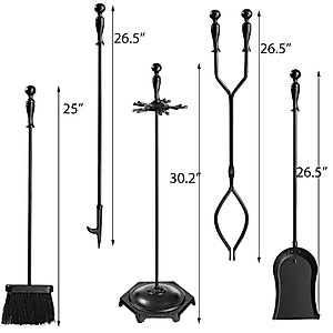 DOEWORKS Fireplace Tools Sets 5 Pieces Fire Tool Set for Indoor Fireplace and Outdoor Fire Pit (Stand, Poker, Tongs, Shovel, Brush)