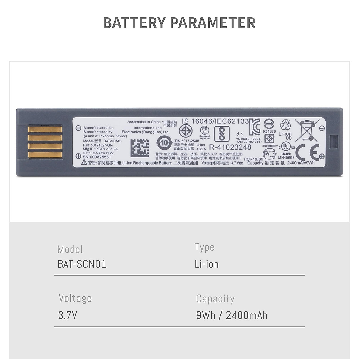 BAT-SCN01 Battery Replacement for Honeywell 3820 3820i 4620 4820 4820i 5620 6320 for Xenon 1902 for Hyperion 1302g for Granit 1911i 1981i for Voyager 1202g 1452g 1472g Handheld Barcode Scanner 2400mah