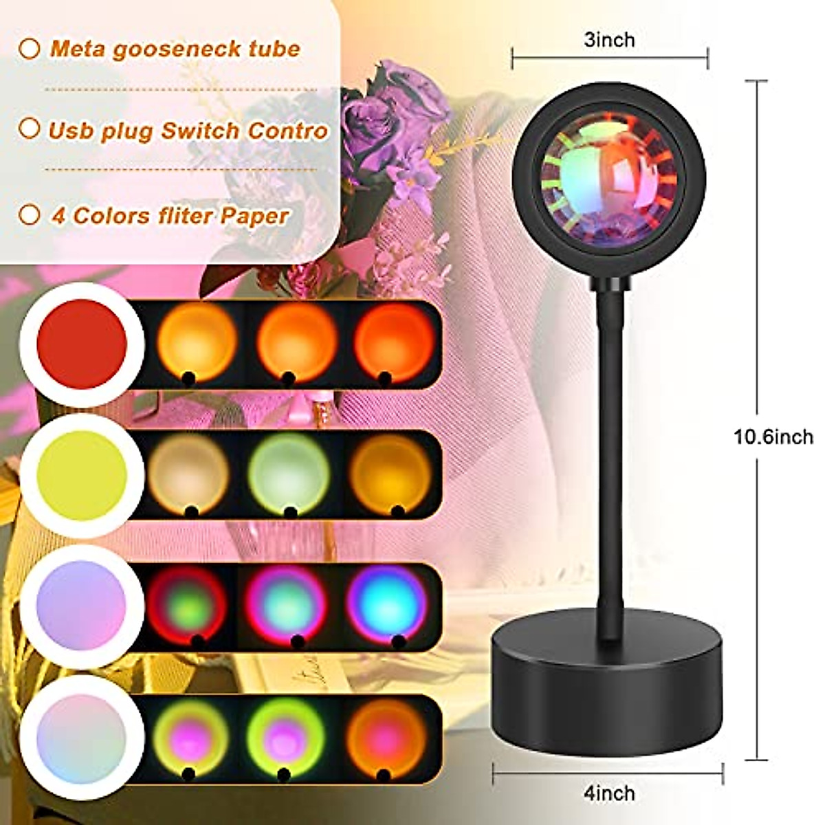 Flanney Sunset Lamp Projection 16 Colors Light 360 Degree Remote Control Brightness Adjustable Rainbow Sunset Sun 12 Effect for Photo Video Bedrooms Vlog Home Party