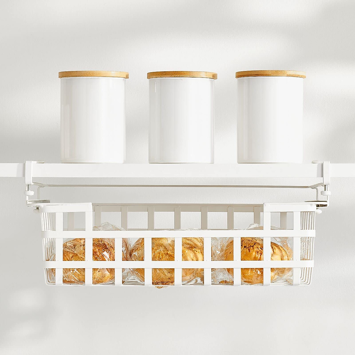 mDesign Nate Home by Nate Berkus Sliding Under Shelf Hanging Pull Out Organizer | Metal Wire Basket Organizer for Kitchen Cabinets or Pantry Shelves from mDesign - Set of 2, Matte White