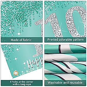 Teal Silver 10th Birthday Banner Decorations for Girls, Breakfast Blue Happy 10th Birthday Backdrop Party Supplies, Ten Year Old Birthday Poster Background Photo Booth Props Decor