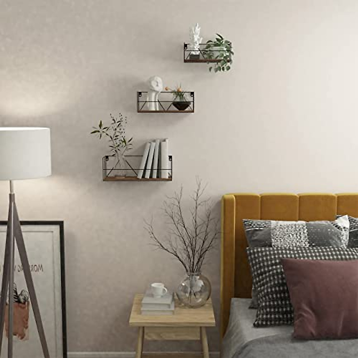 ZBEIVAN Floating Shelves Wall Mounted Set of 3, Wall Shelves with Metal Wire for Bathroom Bedroom Kitchen Living Room