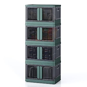 Sineda 8.4 Gallon Collapsible Storage Bins with Lids, 4 Pack - Stackable Storage Bins with Doors and Wheels, Plastic Storage Cabinet for Easy Storage and Organization, Green