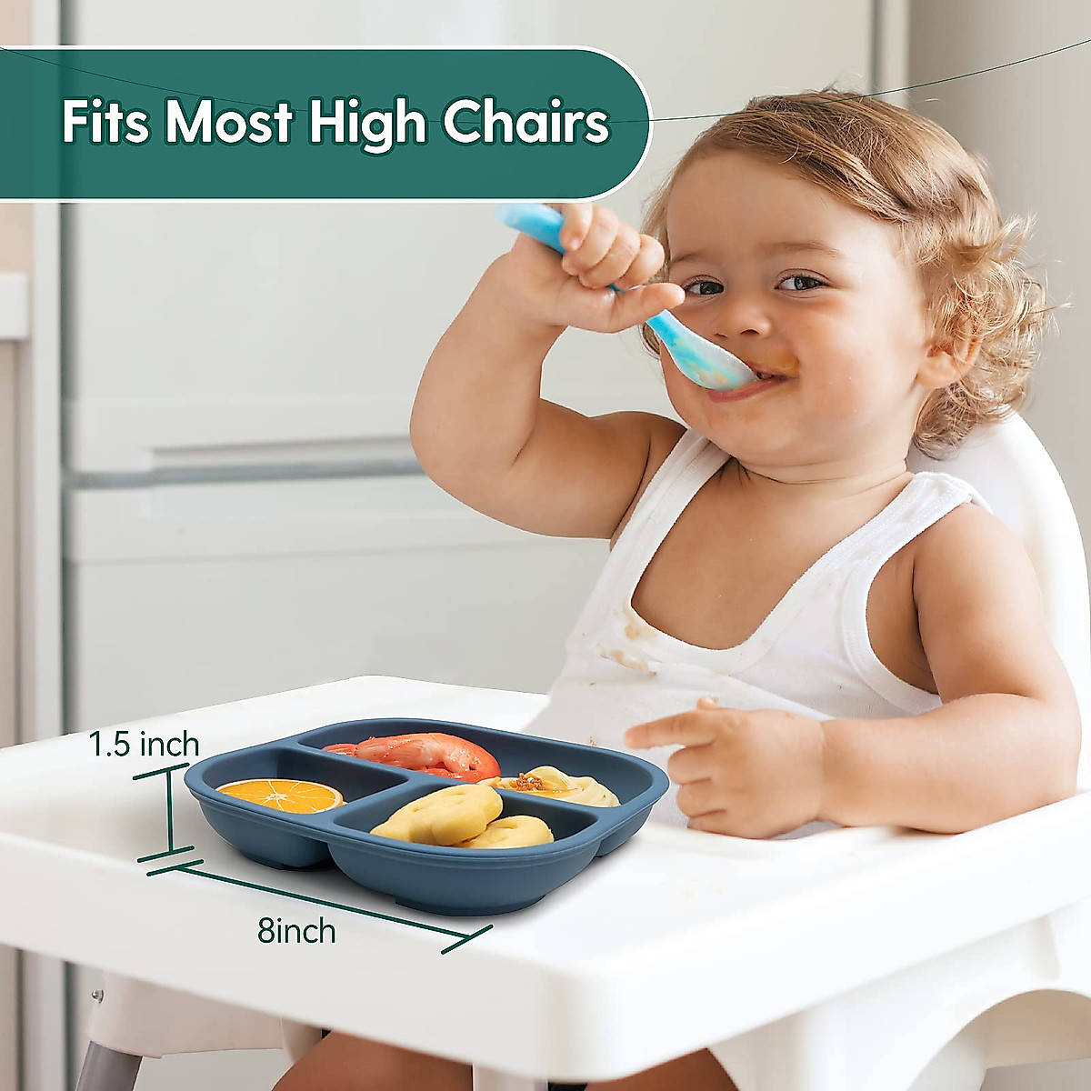 BABELIO Powerful Suction Plates for Baby and Toddler, 100% Food Grand Silicone Divided Baby Plates, BPA Free, Microwave & Dishwasher Safe, Stay Put with 4 Suction Cups, 3 Pack