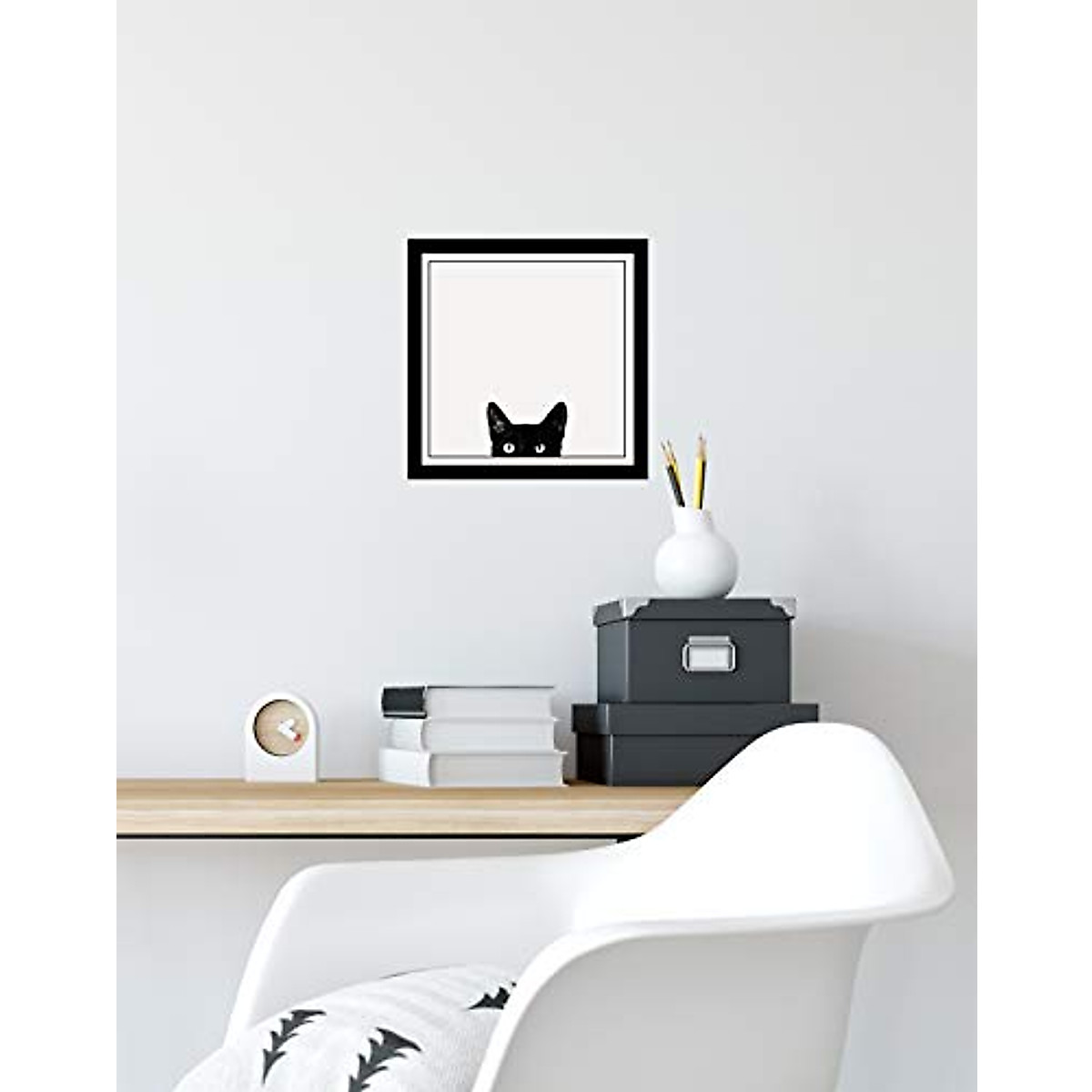 Buyartforless Work Framed Curiosity Cat by Jon Bertelli 11x11 Art Print Poster Wall Decor Black and White Photograph of Kitty Kitten Peeking