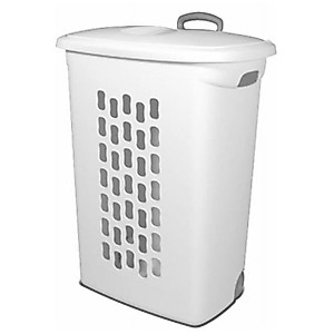 Wheeled Plastic Laundry Hamper Rolling Storage Basket with Lid, White