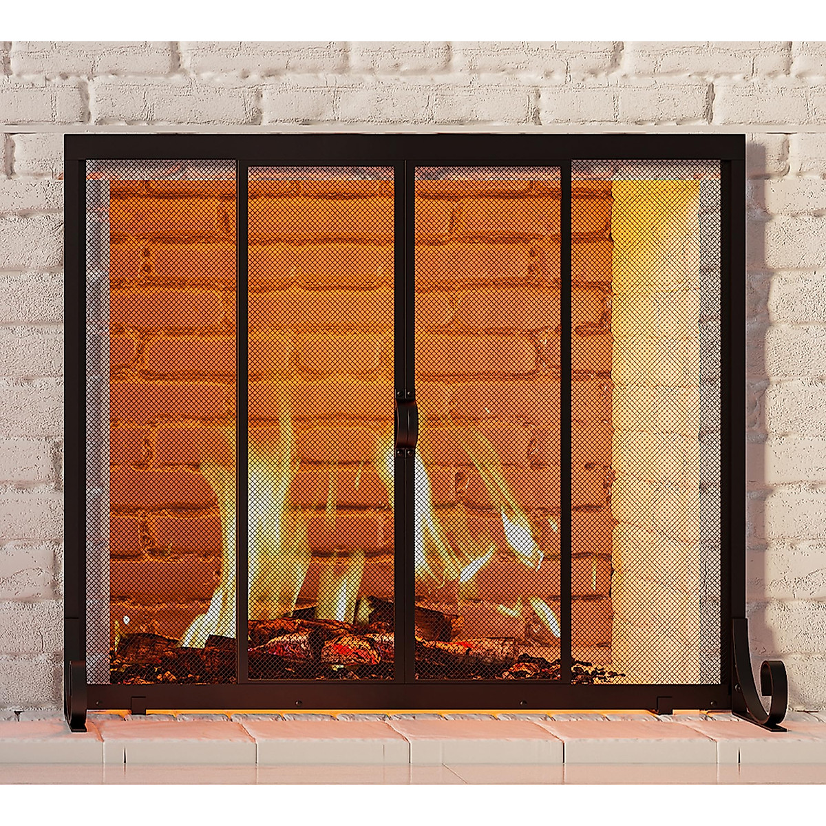 Fire Beauty Fireplace Screen, Wrought Iron Mesh, Baby Safe Spark Guard Protector with 2-Doors Large Flat Guard Screens (37.8 x 30.7 Inch)