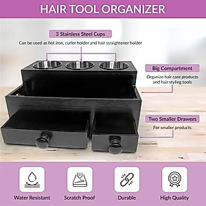 Hair Tool Organizer, Makeup Organizer, Gloss Black Wooden Hair Dryer Holder, Bathroom Countertop Blow Dryer Holder with Two Draws, Vanity Caddy Storage Stand for Accessories, Makeup, Toiletries